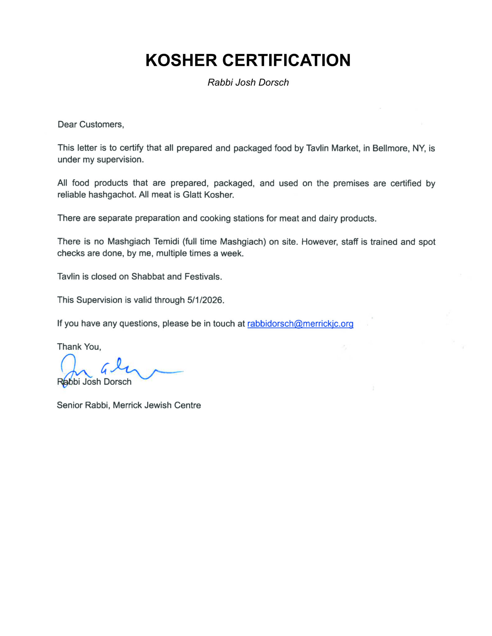 Kosher Certification – Tavlin